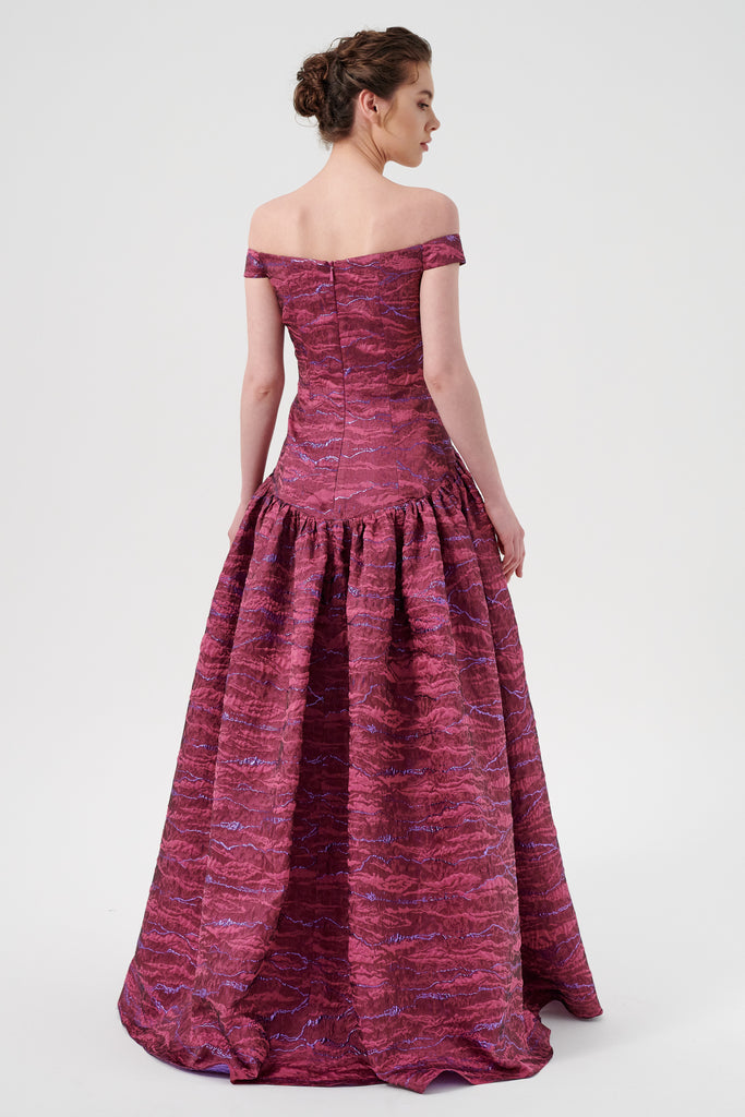 Low Waist Off Shoulder Neckline Long Jacquard Gown – John Paul Ataker