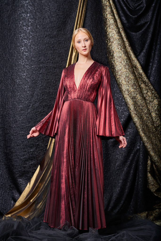 Pleated Metallic Satin Gown with Bodice Pleat Detail – John Paul Ataker