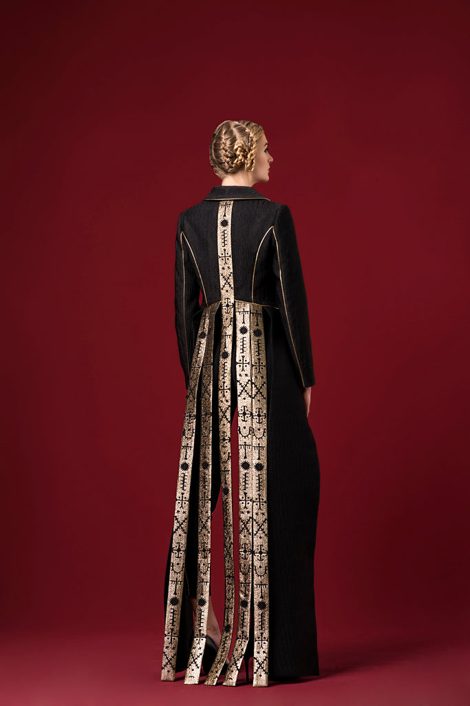 Metallic Lazer-Cut Panelled Long Train Jacquard Jacket with Double Vis ...